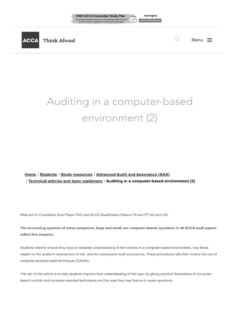 Auditing in A Computer-Based Environment & Use of CAAT - ACCA | PDF