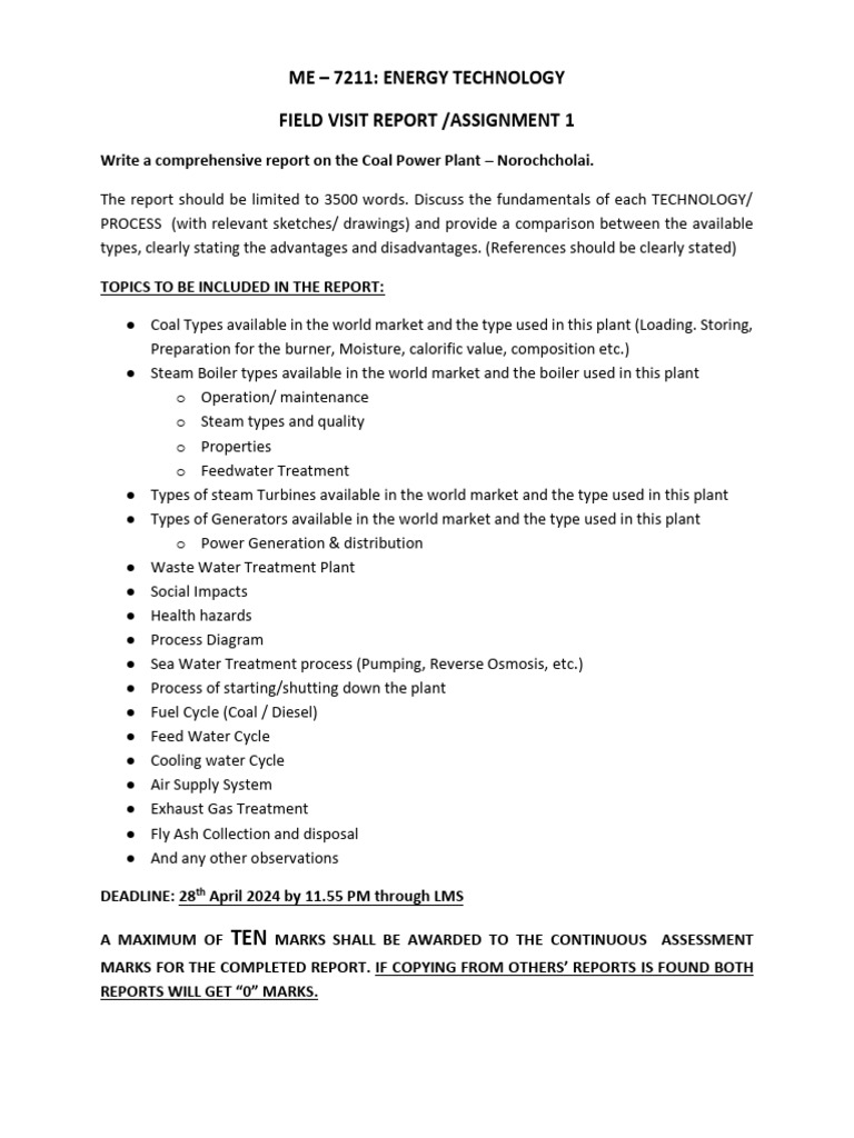 FIELD VISIT REPORT Assignment 1 - Energy Technology | PDF