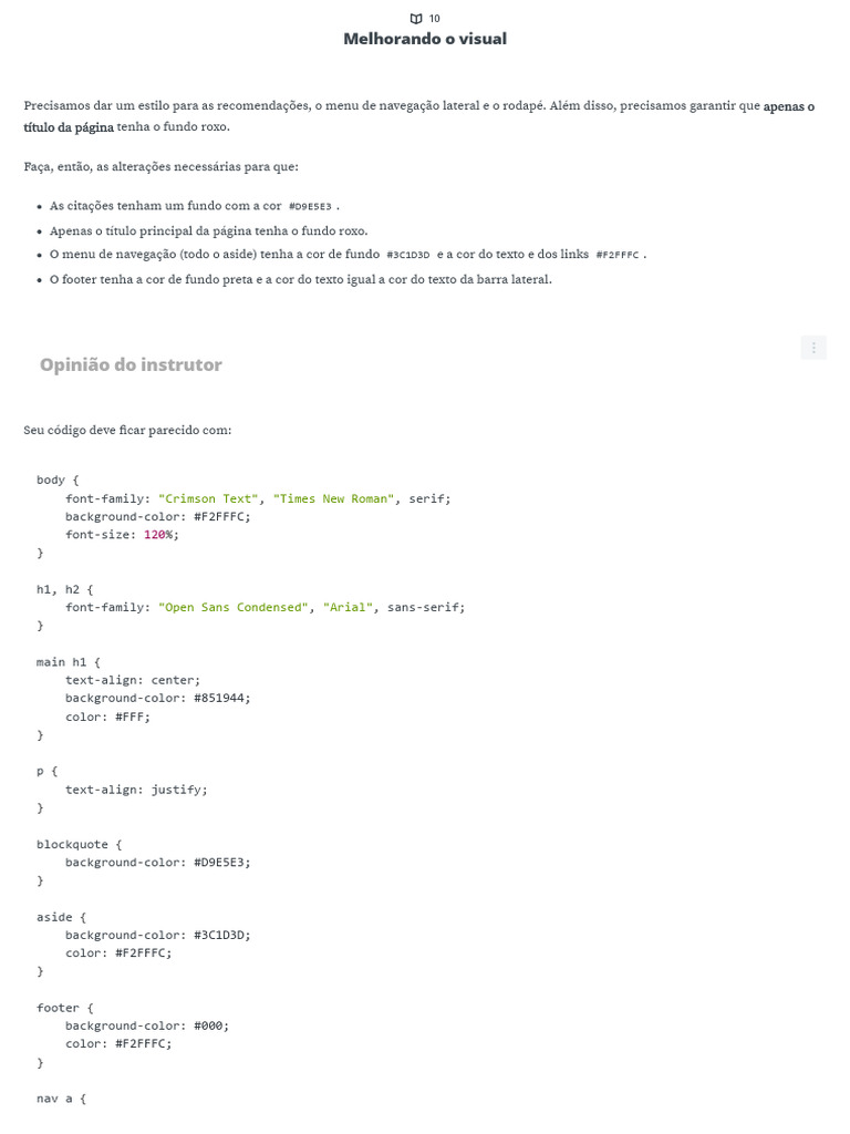 HTML5 e CSS3 I - Aula 3 - Atividade 10 Melhorando o Visual - Alura - Cursos Online de Tecnologia ...