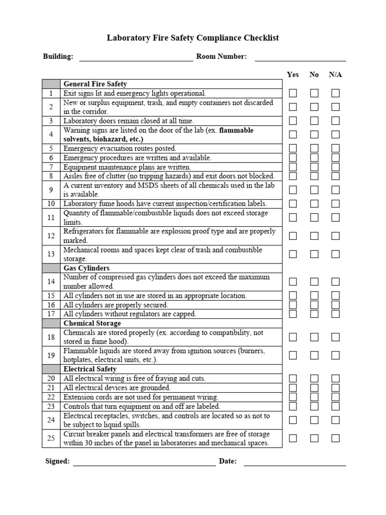 Laboratory Fire Safety Checklist | PDF | Laboratories | Safety