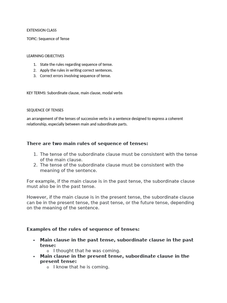 EXTENSION CLASS Sequence of Tense | PDF | Grammatical Tense | Clause