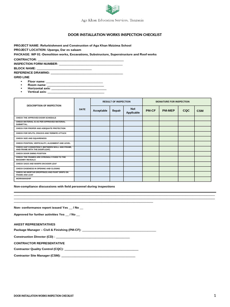 Inspection Checklist Form For Door Installation | PDF | Door | Civil ...