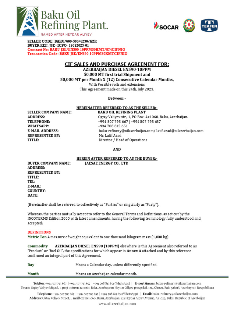 Baku Oil Refining Plant Cif Sales and Purchase Agreement To Jaesae ...