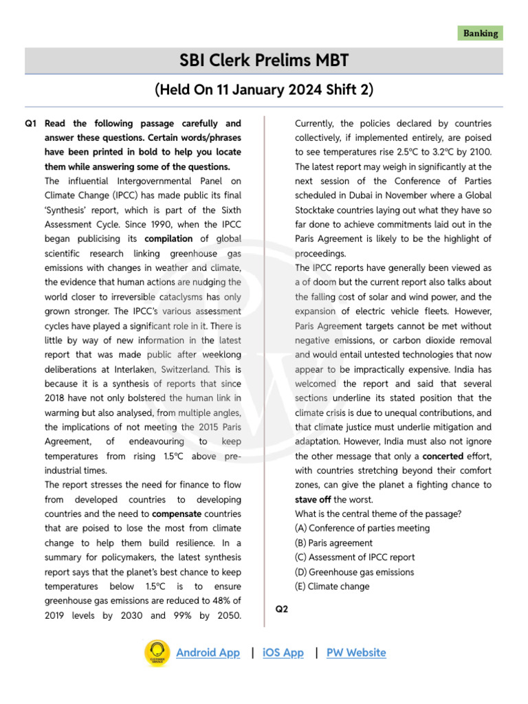 Banking SBI Clerk Prelims MBT English | PDF | Intergovernmental Panel ...