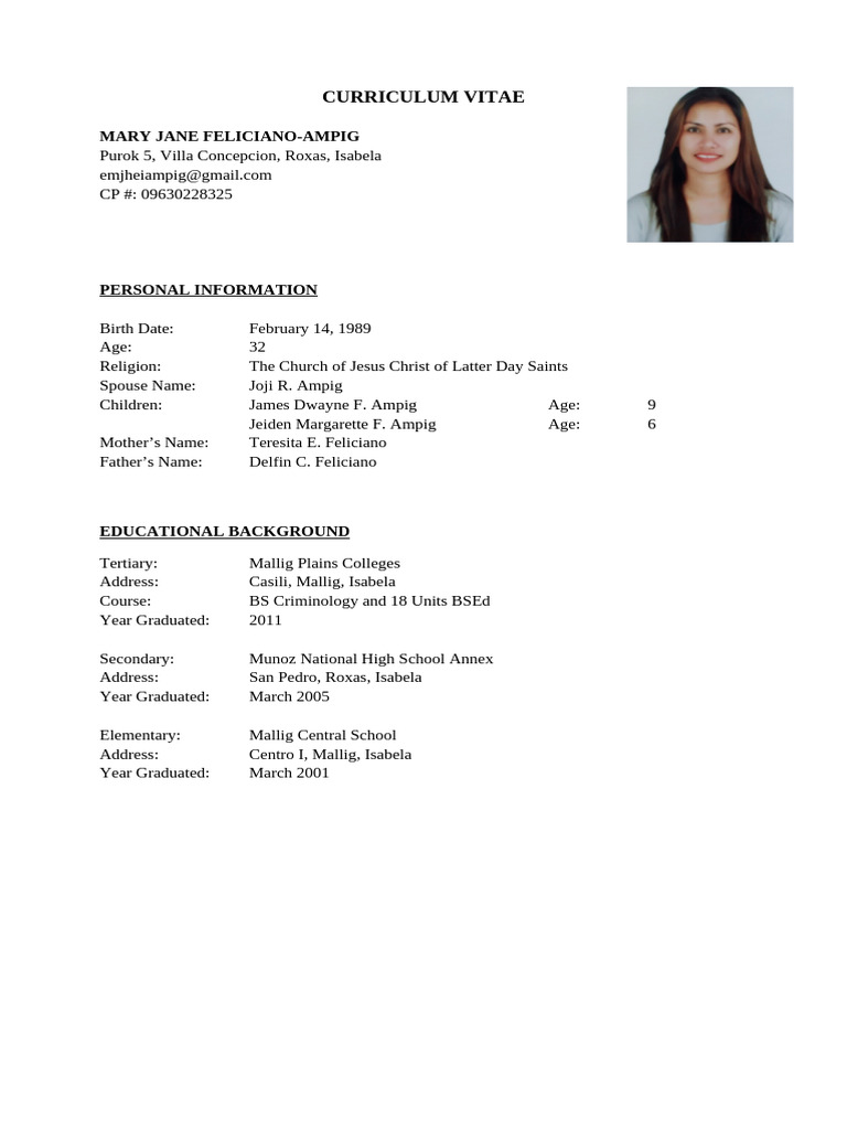 CV of Mary Jane Feliciano-Ampig | PDF
