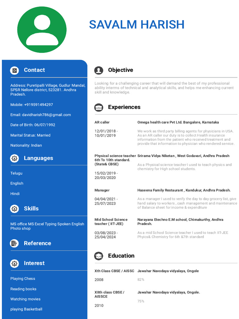 SavalM Harish: Resume & Career Overview | PDF