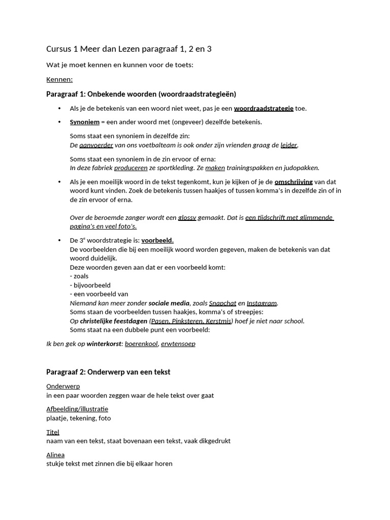 Kennen en Kunnen Voor de Toets Van Cursus 1 Meer Dan Lezen Paragraaf 1, 2, 3 | PDF