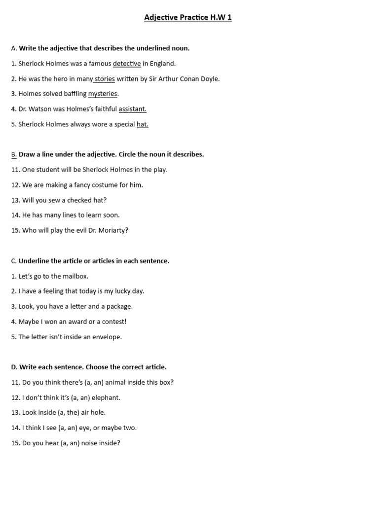 38238AssignmentsAdjective Practice H.W1 | PDF | Sherlock Holmes | Arthur Conan Doyle