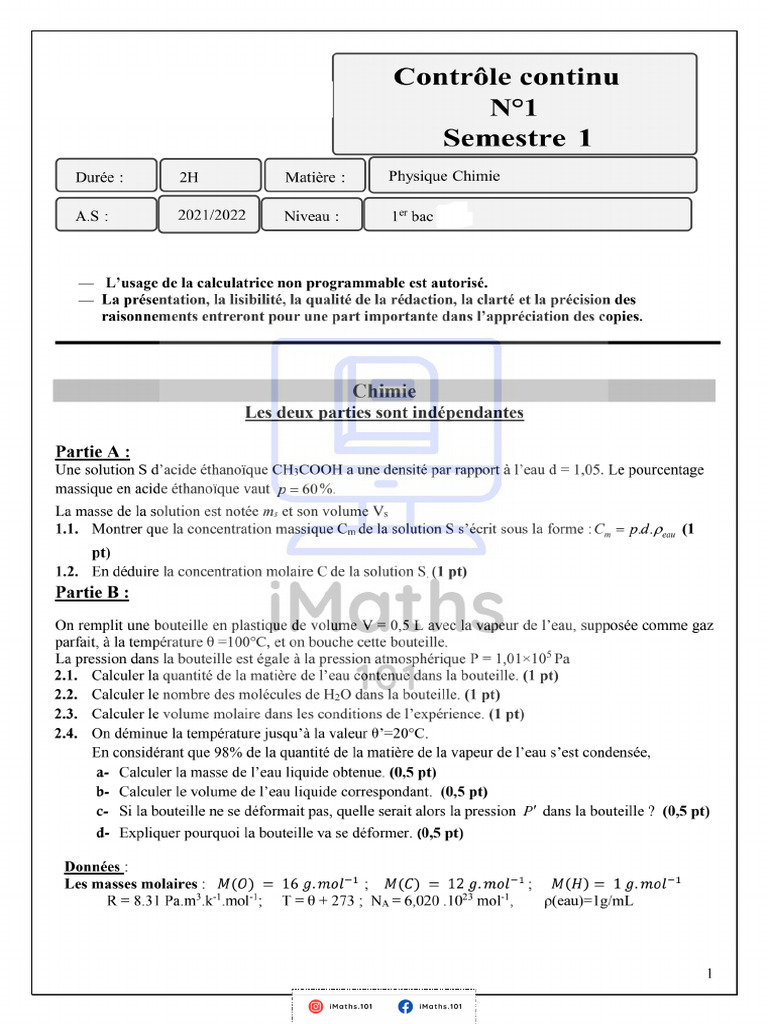 1bac Sm (Pc) Imaths.101 | PDF