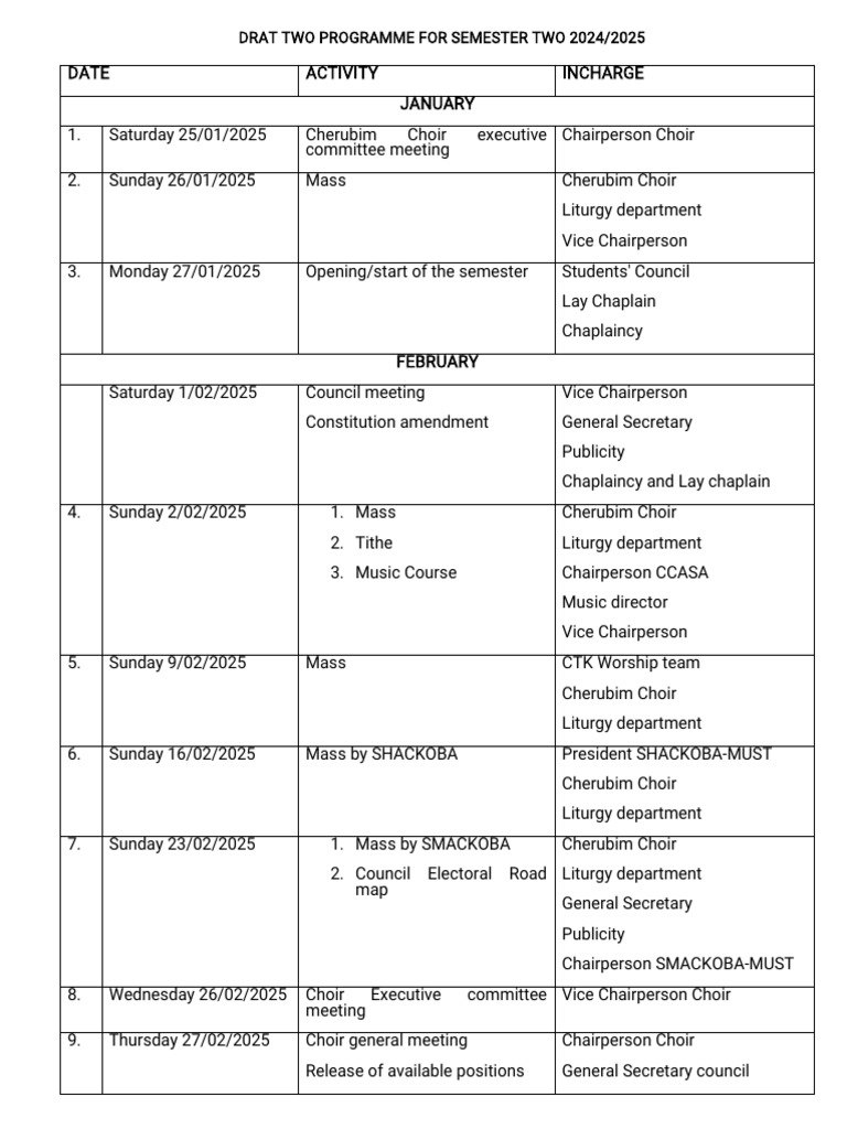 Draft Two Programme Semester Two 2024 - 2025 | PDF | Mass (Liturgy ...