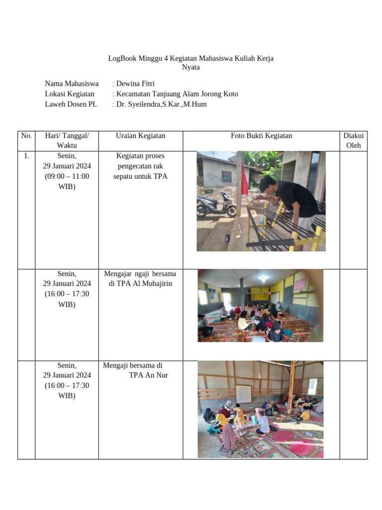 Dewina Fitri - LogBook Minggu 4 Kegiatan Mahasiswa Kuliah Kerja Nyata | PDF