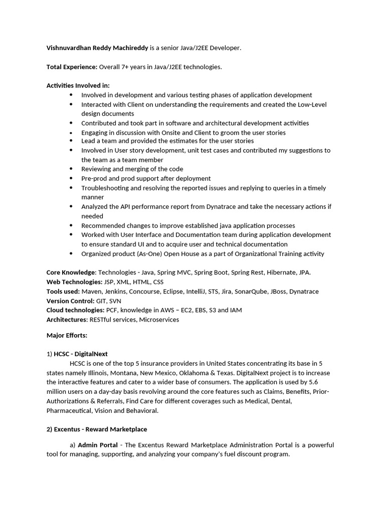 Vishnuvardhan Reddy - Short Profile | PDF | Java (Programming Language) | Software Development