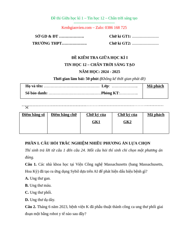 Demo de Thi gk1 Tin Hoc 12 CTST 0 | PDF