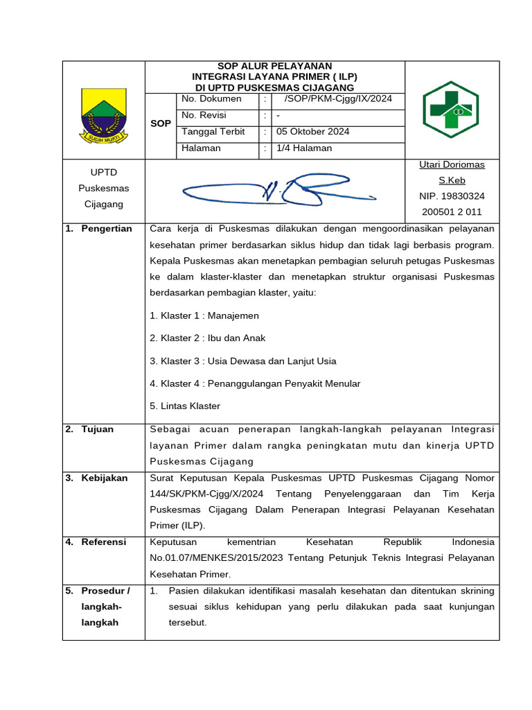Sop Alur Pelayanan Integrasi Layana Primer (Ilp) Di Uptd Puskesmas Cijagang | PDF