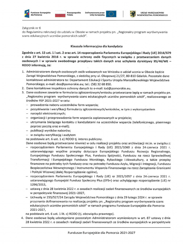 Klauzula Informacyjna Dla Kandydata | PDF