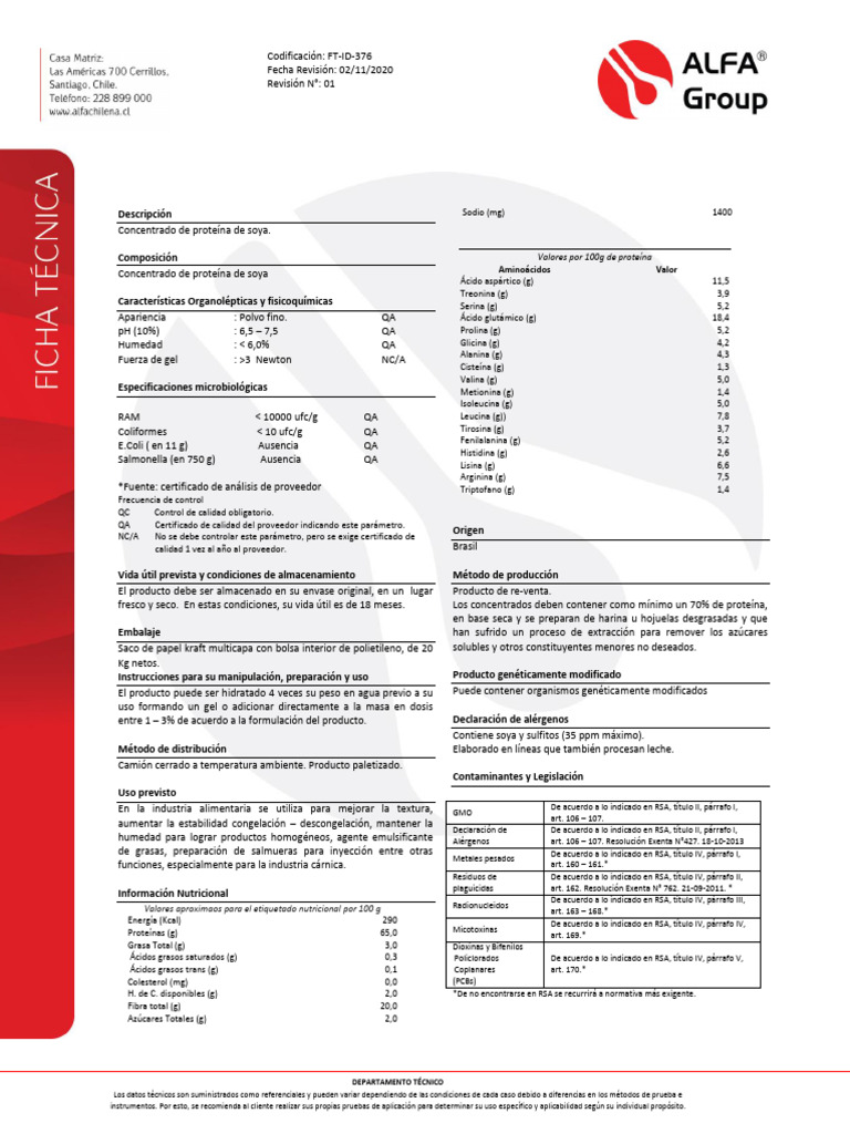 Concentrado de Proteína de Soya ARCON SM | PDF | Biomoléculas | Grupo ...