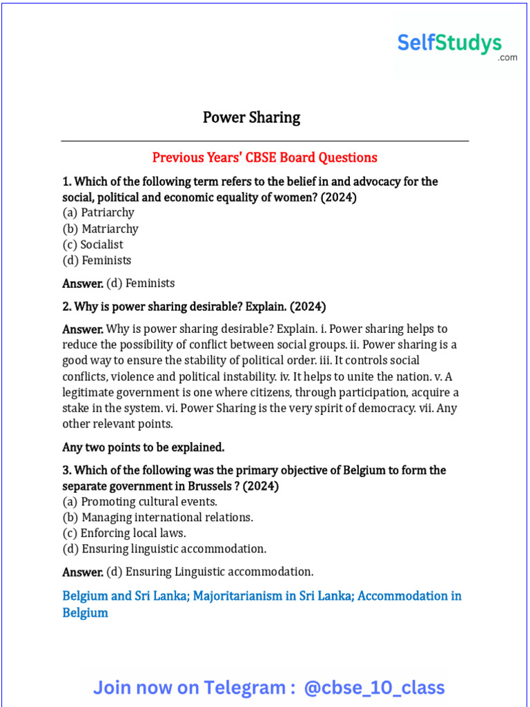 Power Sharing 10 Class Pyq | PDF | Democracy | Political Ideologies