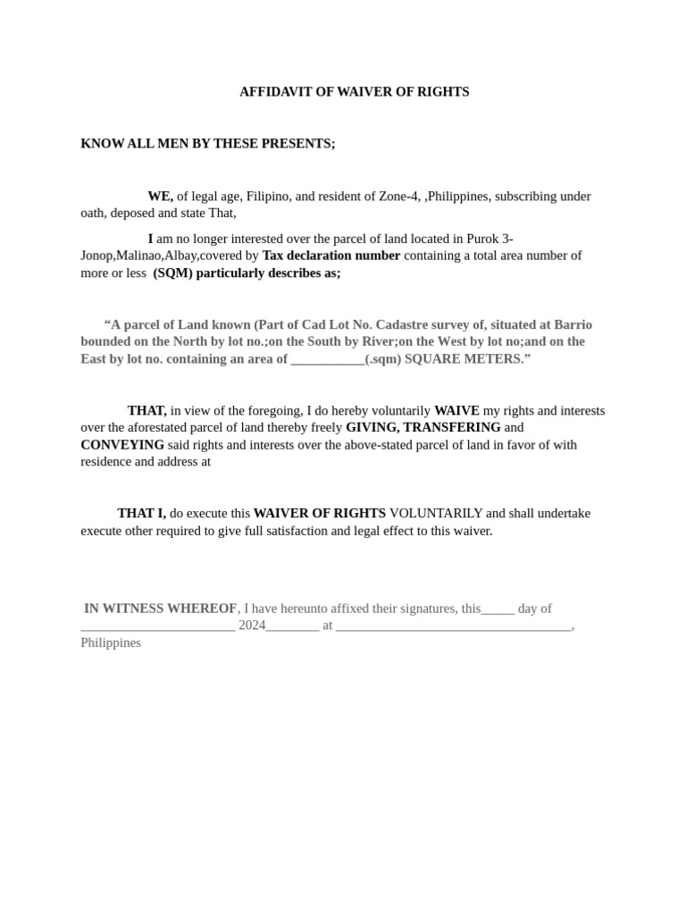 Land Rights Waiver Affidavit Albay | PDF