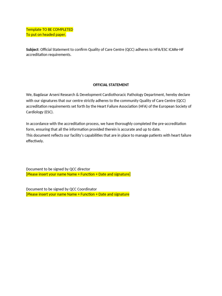 ICARe-HF QCC - Template - Compliance With HFA Requirements | PDF
