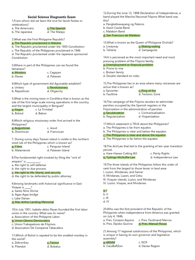 Social Science Diagnostic Exam | PDF | Philippines | Capitalism