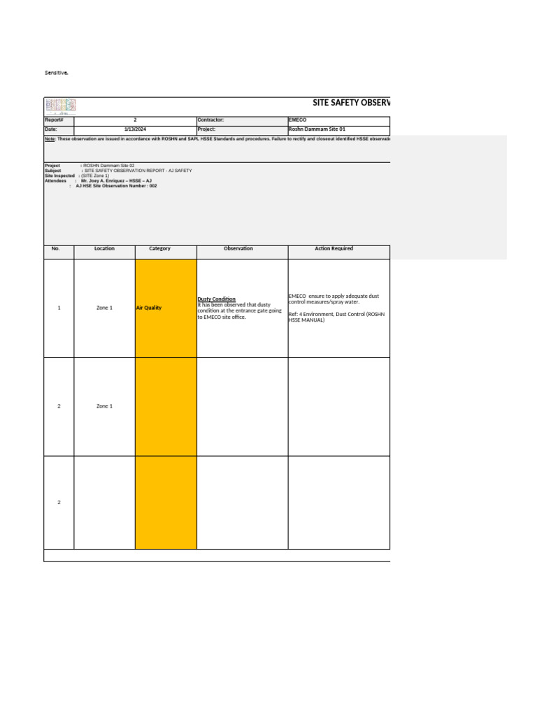 Site Safety Observation Report 03 - AJ Safety | PDF