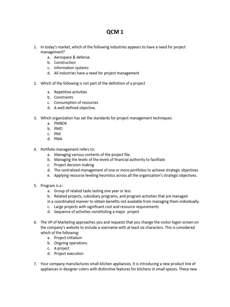 QCM 1 (chapter1)Imp | PDF | Project Management | Business
