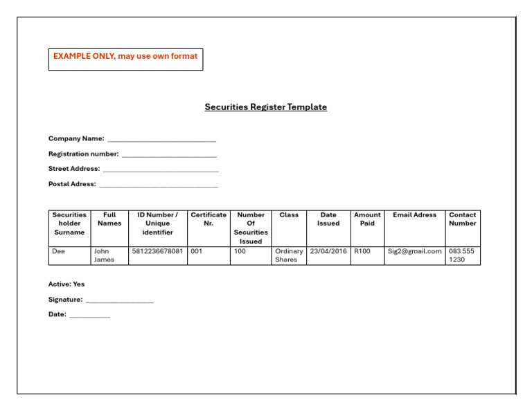 Securities Register Template Example | PDF