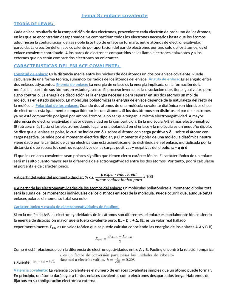 Tema 8. Enlace Covalente | PDF | Enlace químico | Enlace covalente