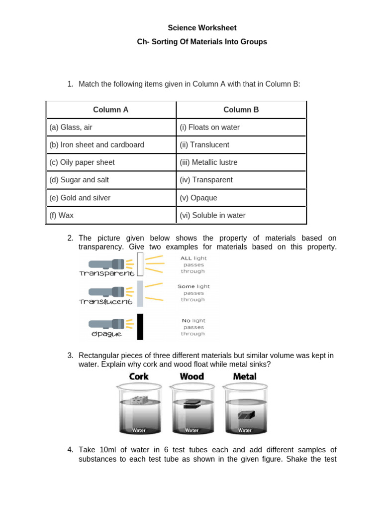 Sorting Materials: Properties Worksheet | PDF