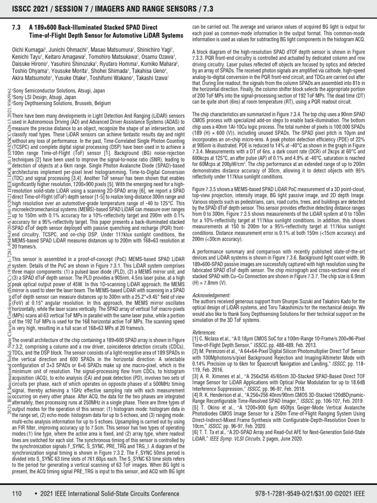 Sony ISSCC2021-A 189×600 BSI SPAD ToF Depth Sensor For Automotive LiDAR ...