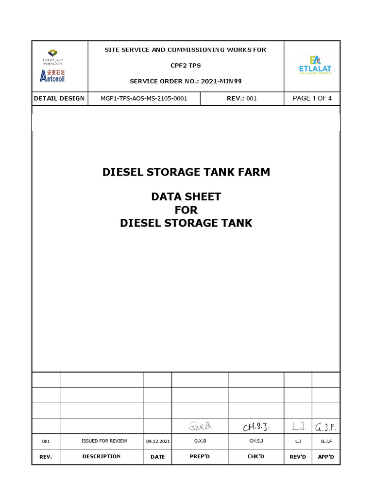 MGP1-TPS-AOS-MS-2105-0001 DATA SHEET FOR DIESEL STORAGE TANK with ...