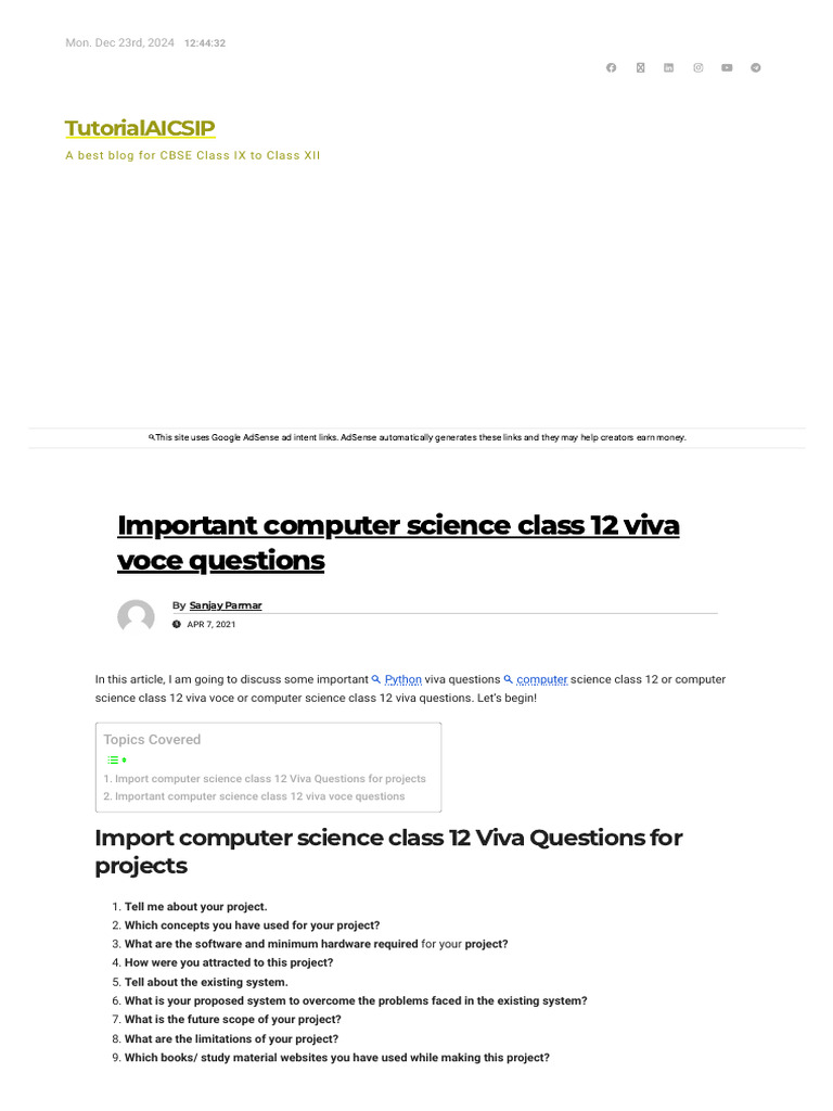 Imp Cbse Comp Sci Class 12 Viva Voce Questions For Project & Python | PDF | Parameter (Computer ...