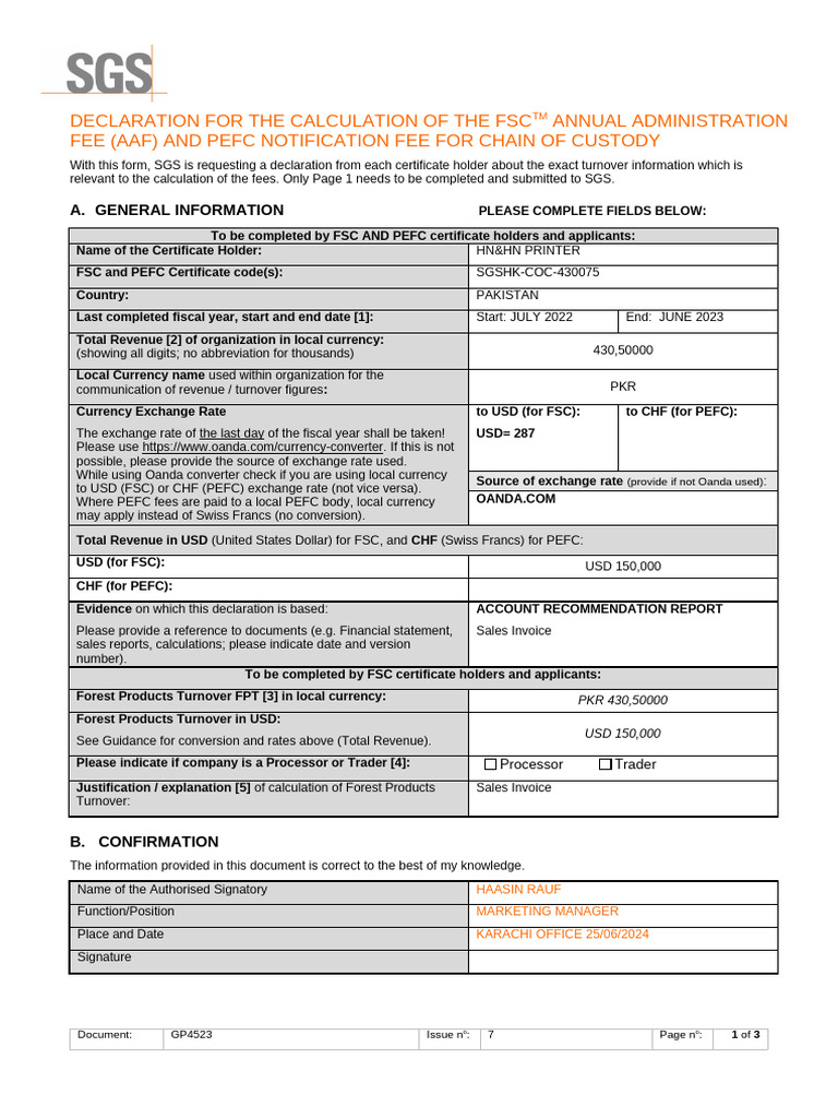 FSC Annual Fee Declaration Form | PDF | Revenue | Forest Stewardship ...