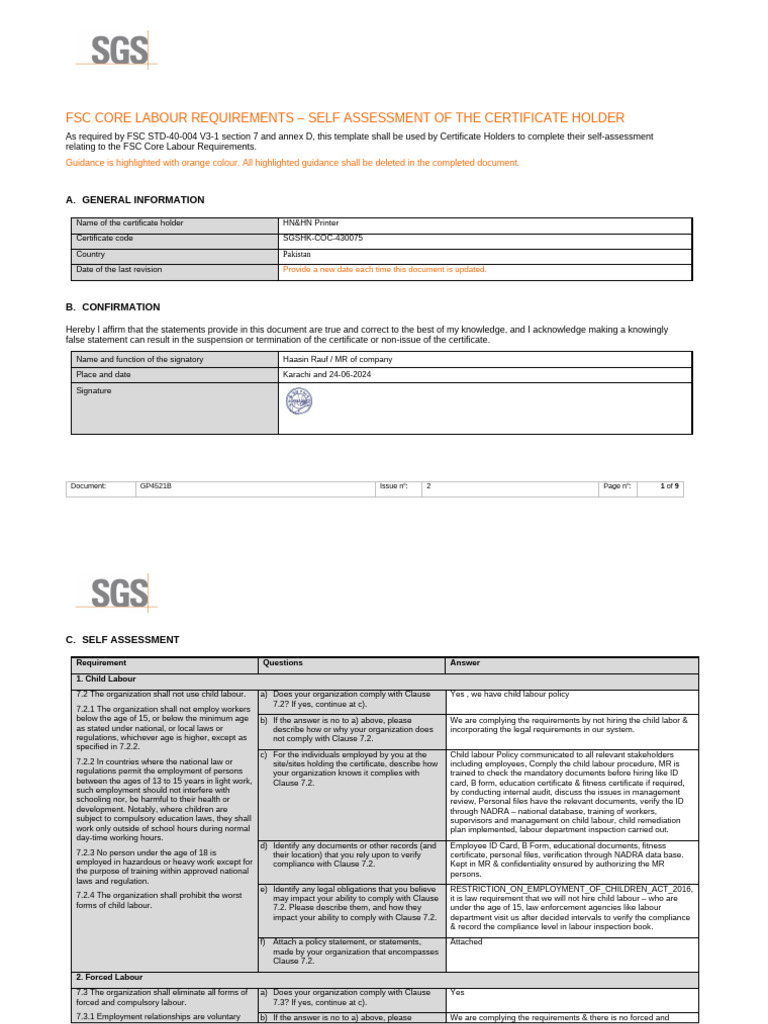 FSC Core Labour Requirements Self-Assessment | PDF | Employment ...