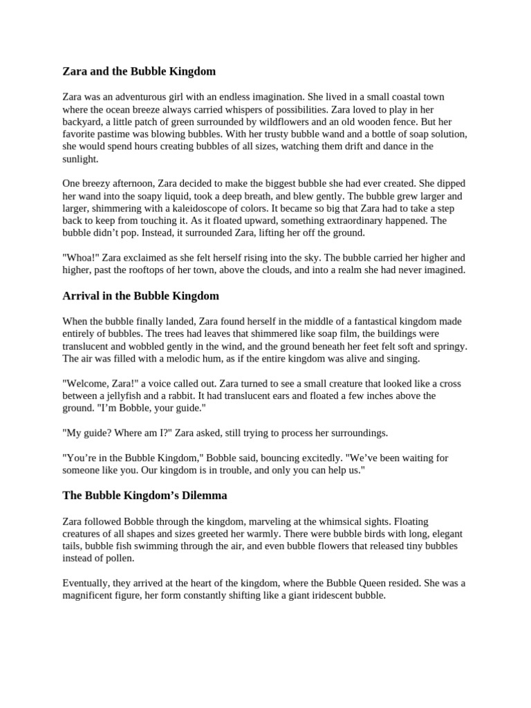 Zara's Adventure in the Bubble Kingdom | PDF