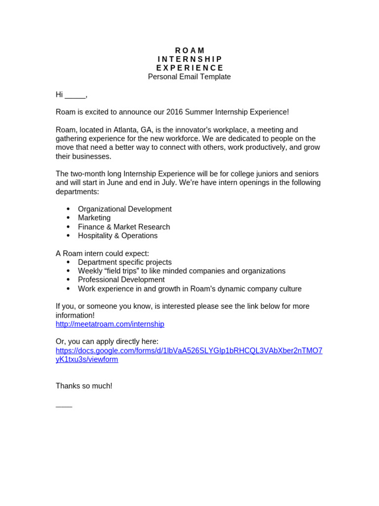 ROAM Internship Personal Email Template | PDF