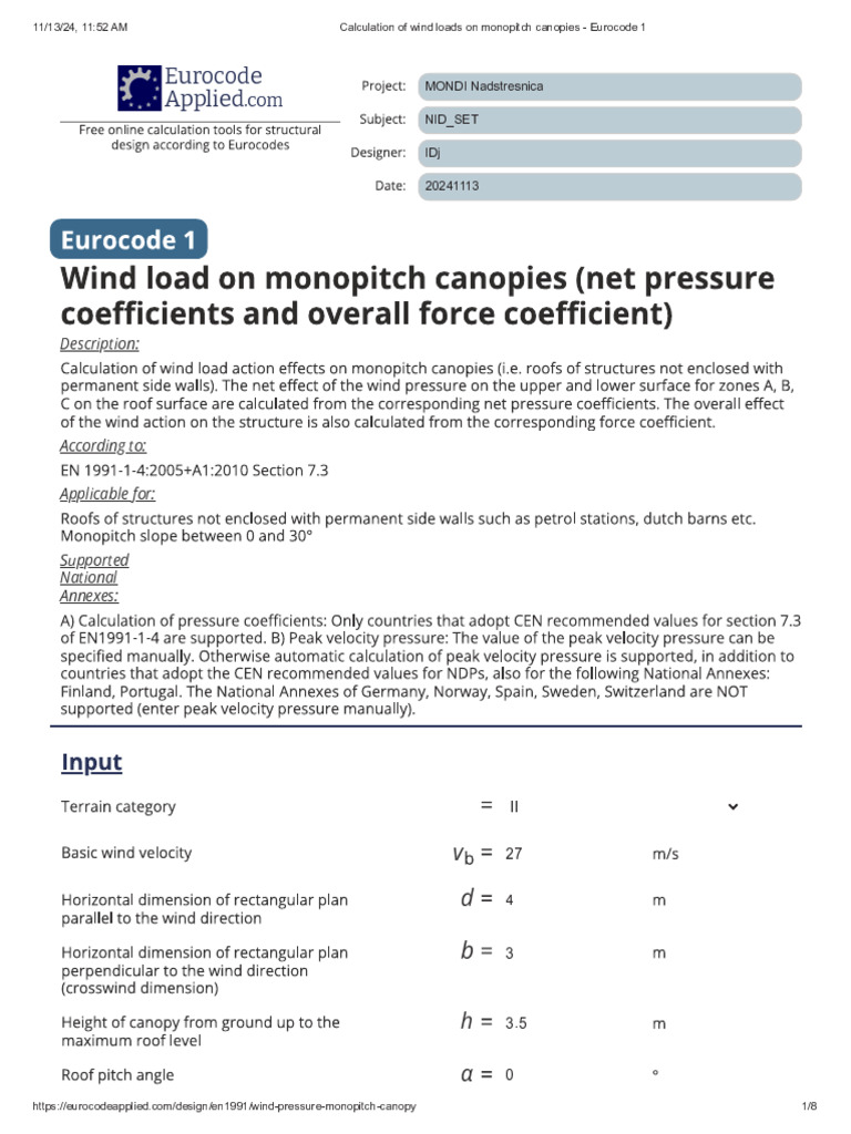 Calculation of Wind Loads On Monopitch Canopies2 - Eurocode 1 | PDF