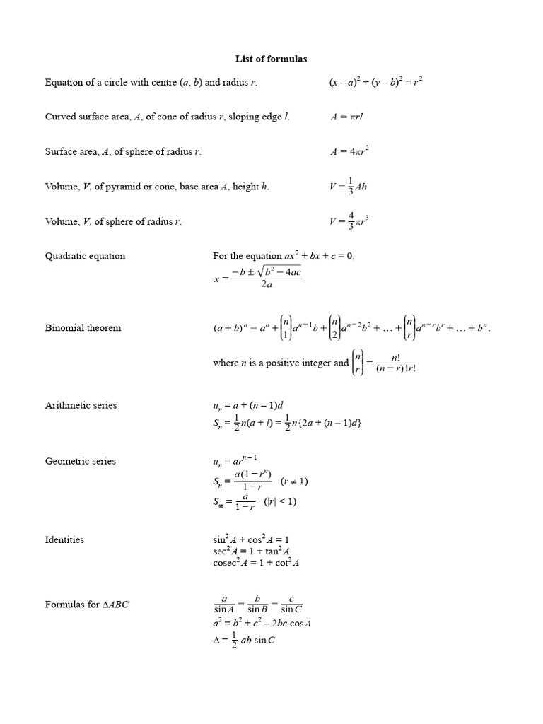 list.of.formulas.0606 | PDF | Sphere | Area