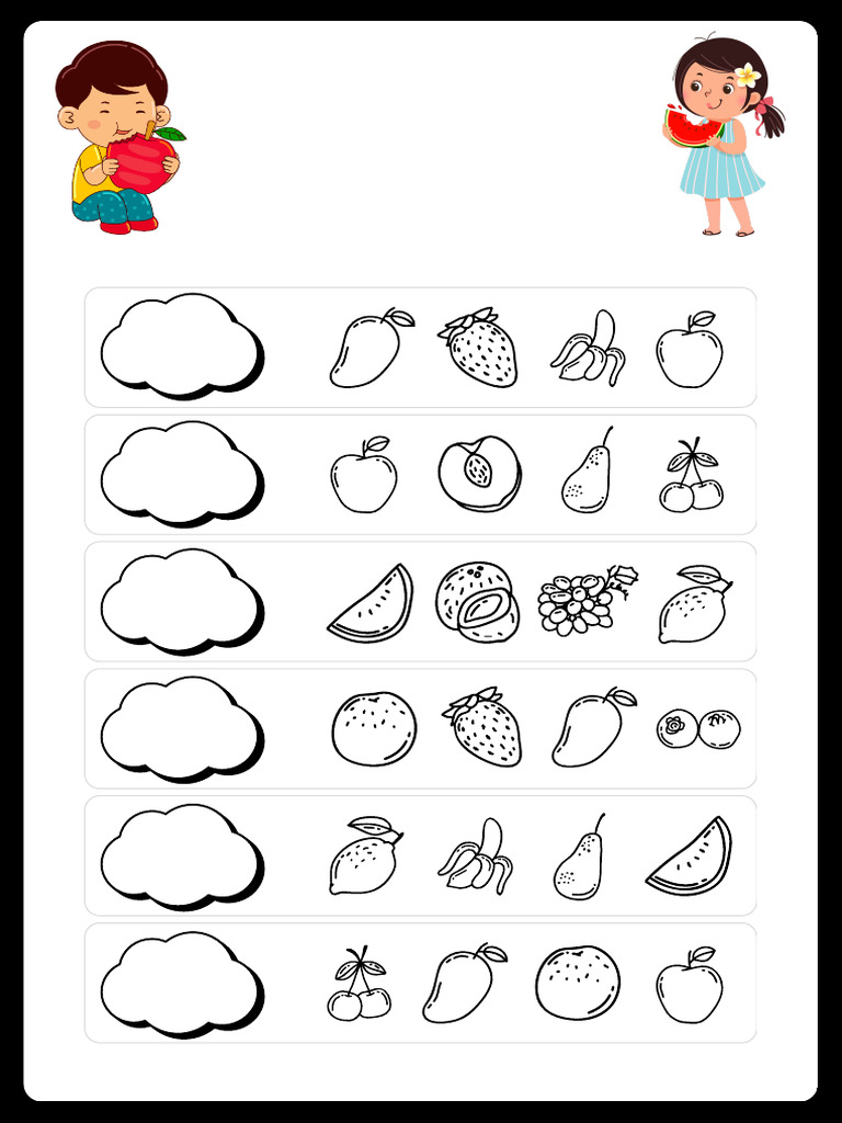 Identifying Fruits Coloring Worksheet in Lilac and Yellow Outlined ...