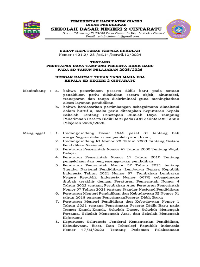 SK Daya Tampung Sekolah 2025 | PDF