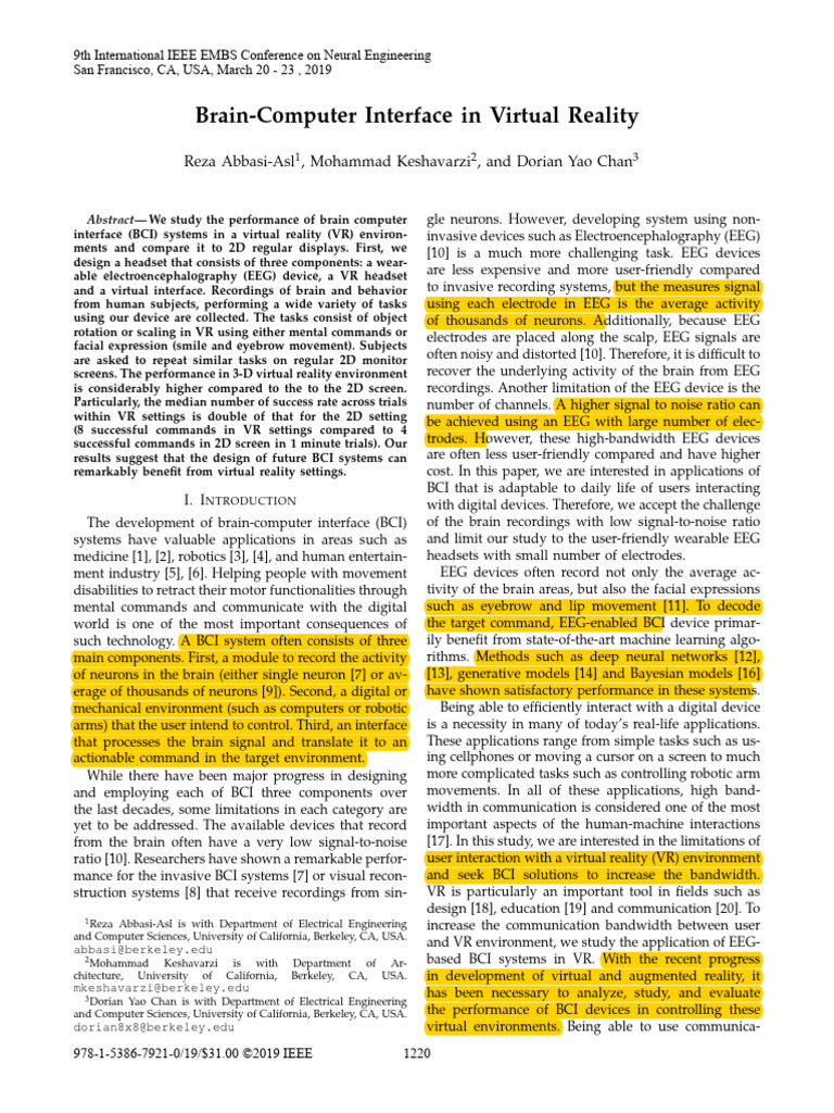 Brain-Computer Interface in Virtual Reality | PDF | Electroencephalography | Virtual Reality