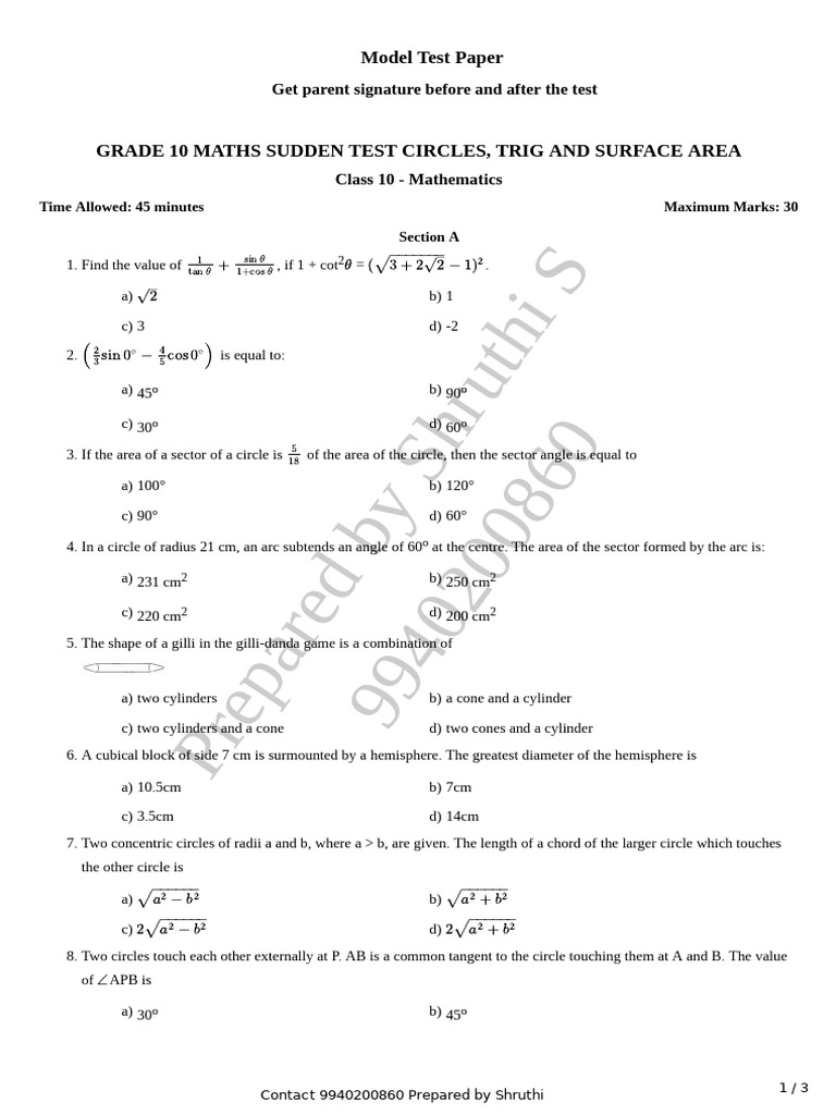 Grade 10 Maths Sudden Test Circles, Trig and Surface Area | PDF ...