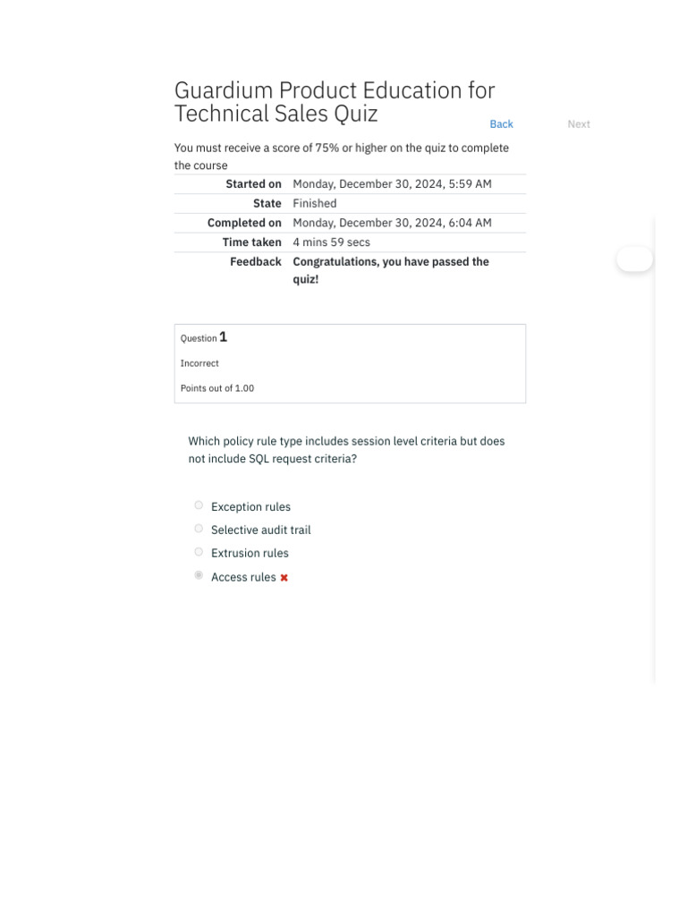 Guardium Product Education For Technical Sales Quiz - Attempt Review | PDF | Databases | Sql