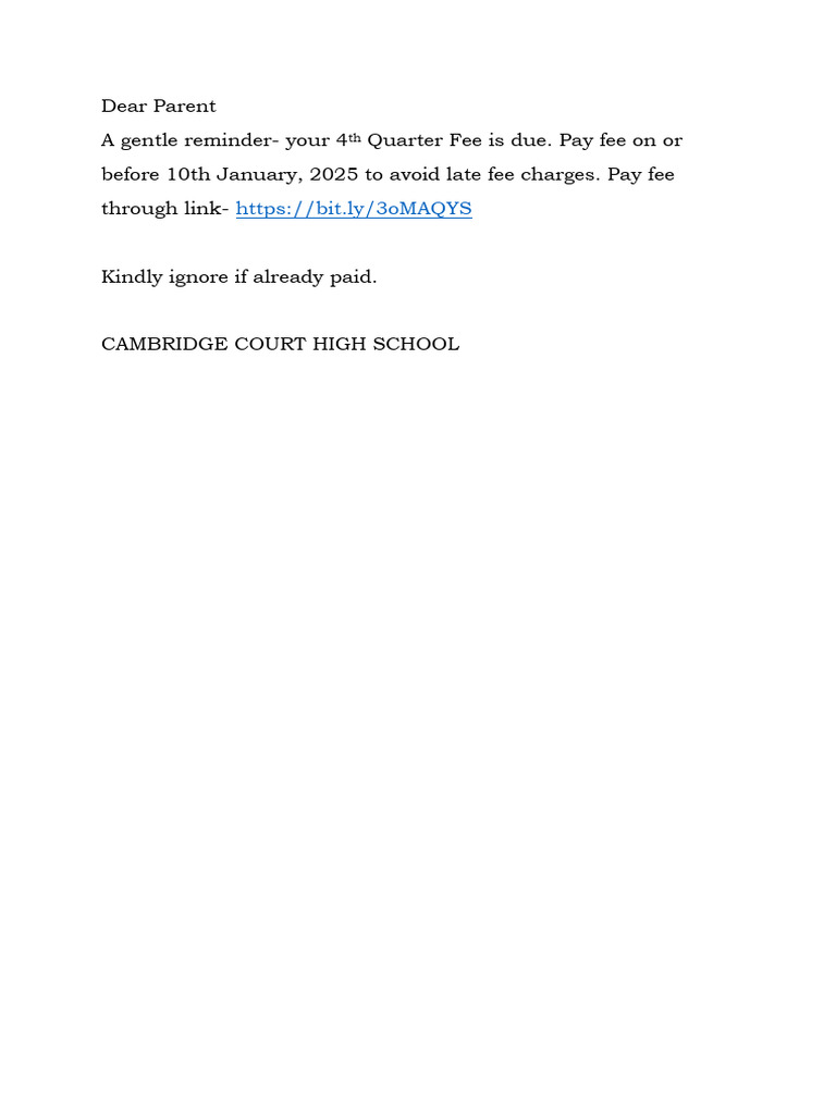 4th Quarter Fee Reminder | PDF