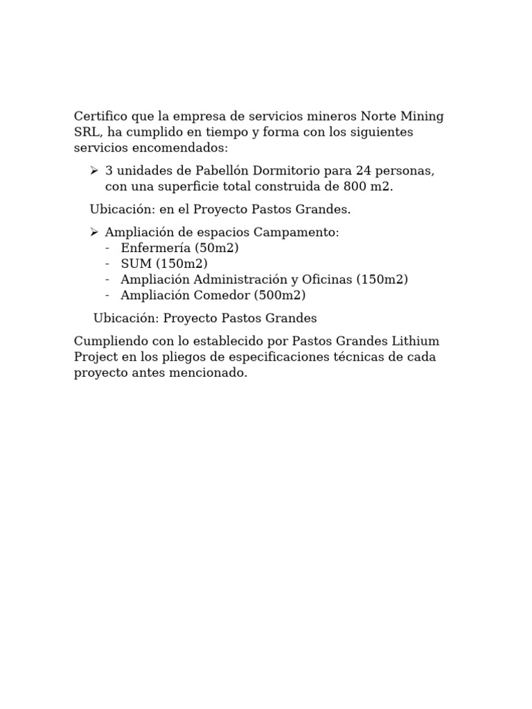 Servicios de Norte Mining en Pastos Grandes | PDF
