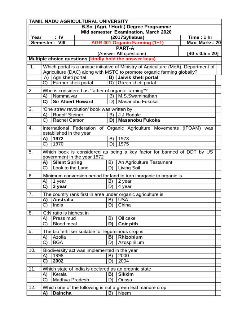 AGR 401 Mid Sem Model Question | PDF | Soil | Fertilizer