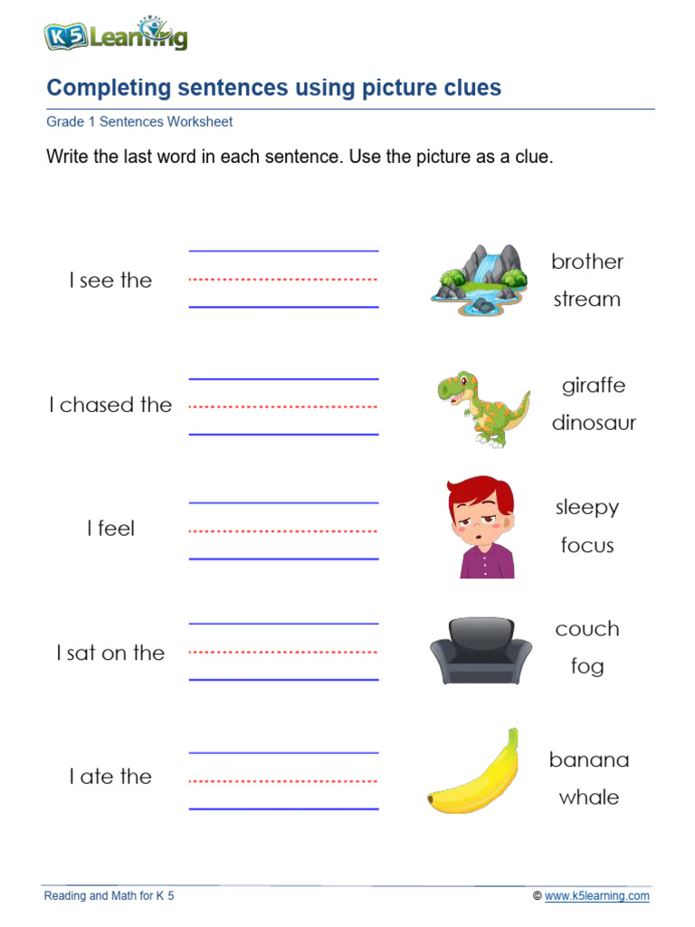 Completing Sentences Using Picture Clues Worksheet 2 | PDF