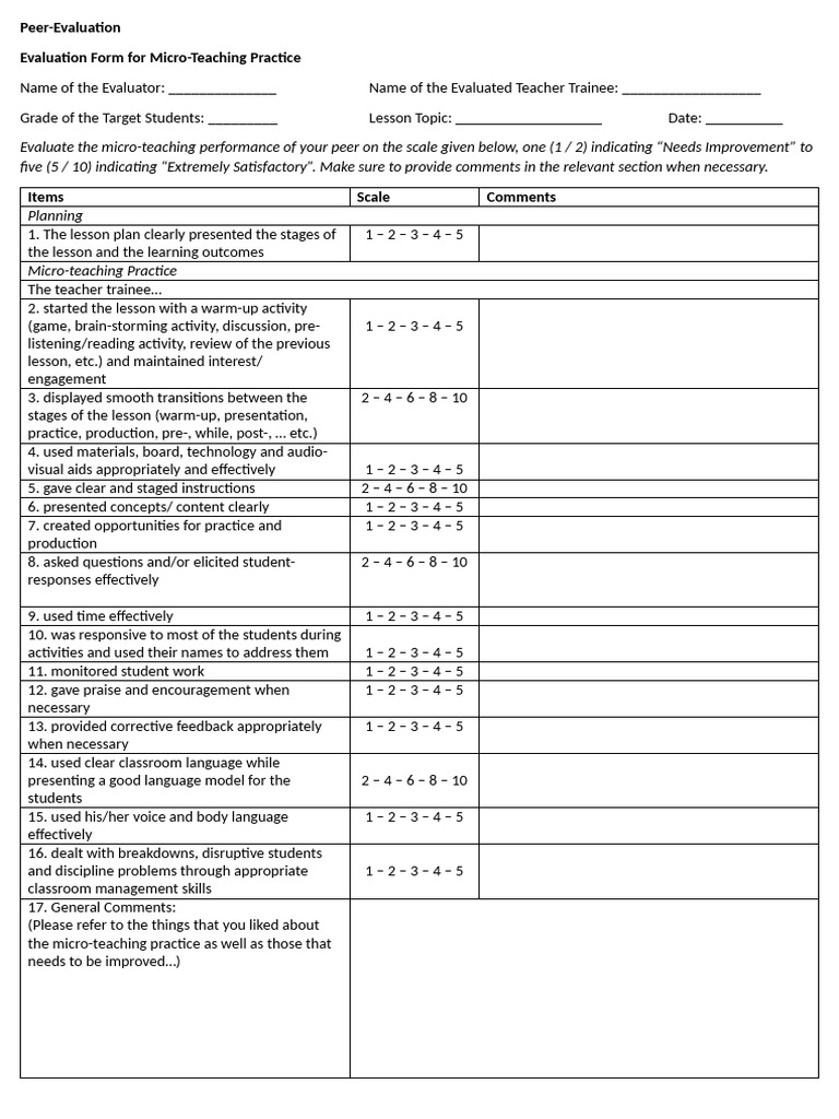 Micro-Teaching Peer Evaluation Form | PDF