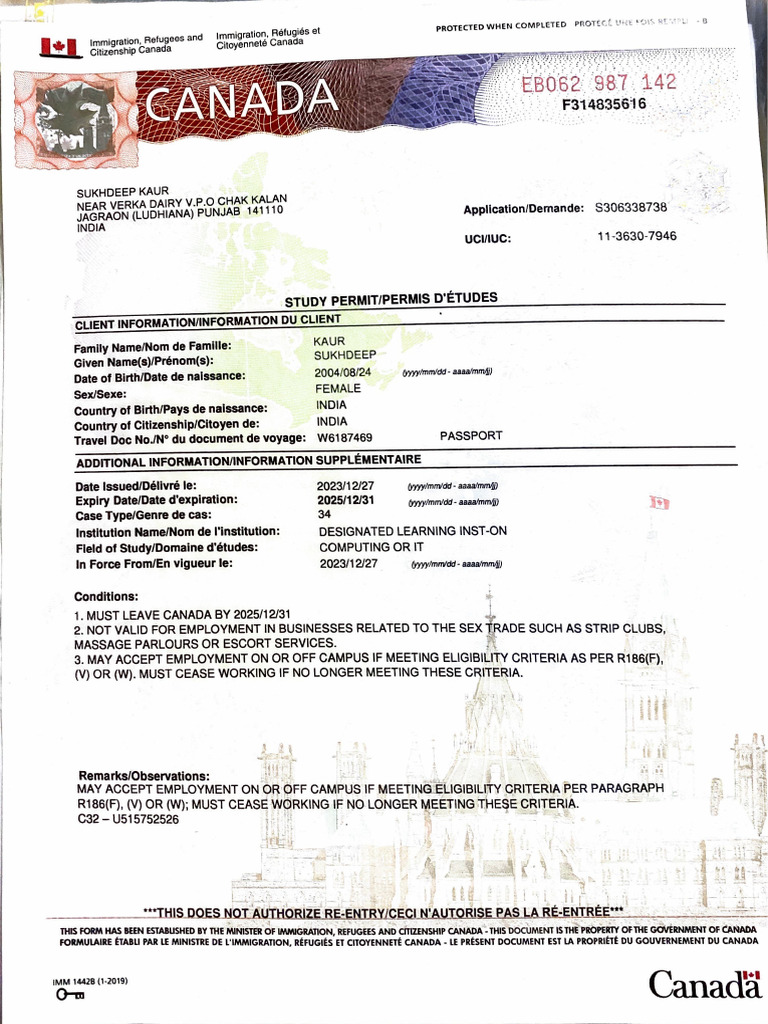 Study Permit for Sukhdeep Kaur | PDF | Sex Industry