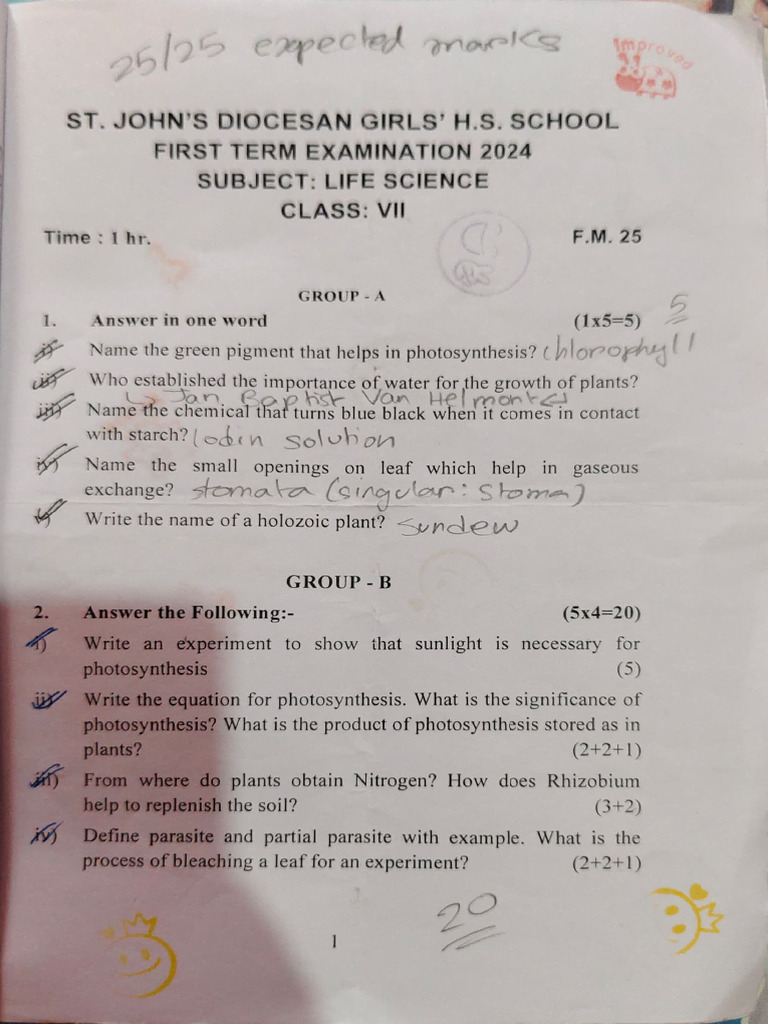 Life Science Exam Paper for Class VII | PDF